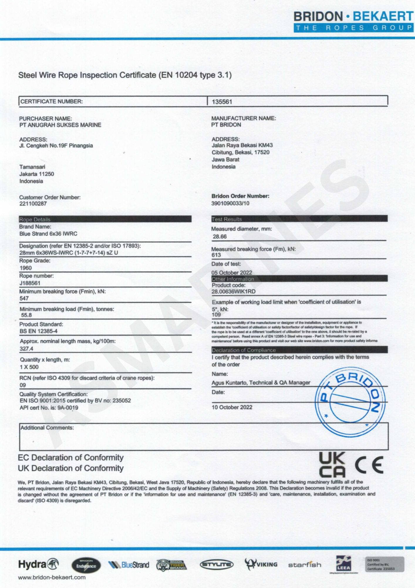 Sertifikat Wire Rope atau Kawat Baja | PT. Anugrah Sukses Marine