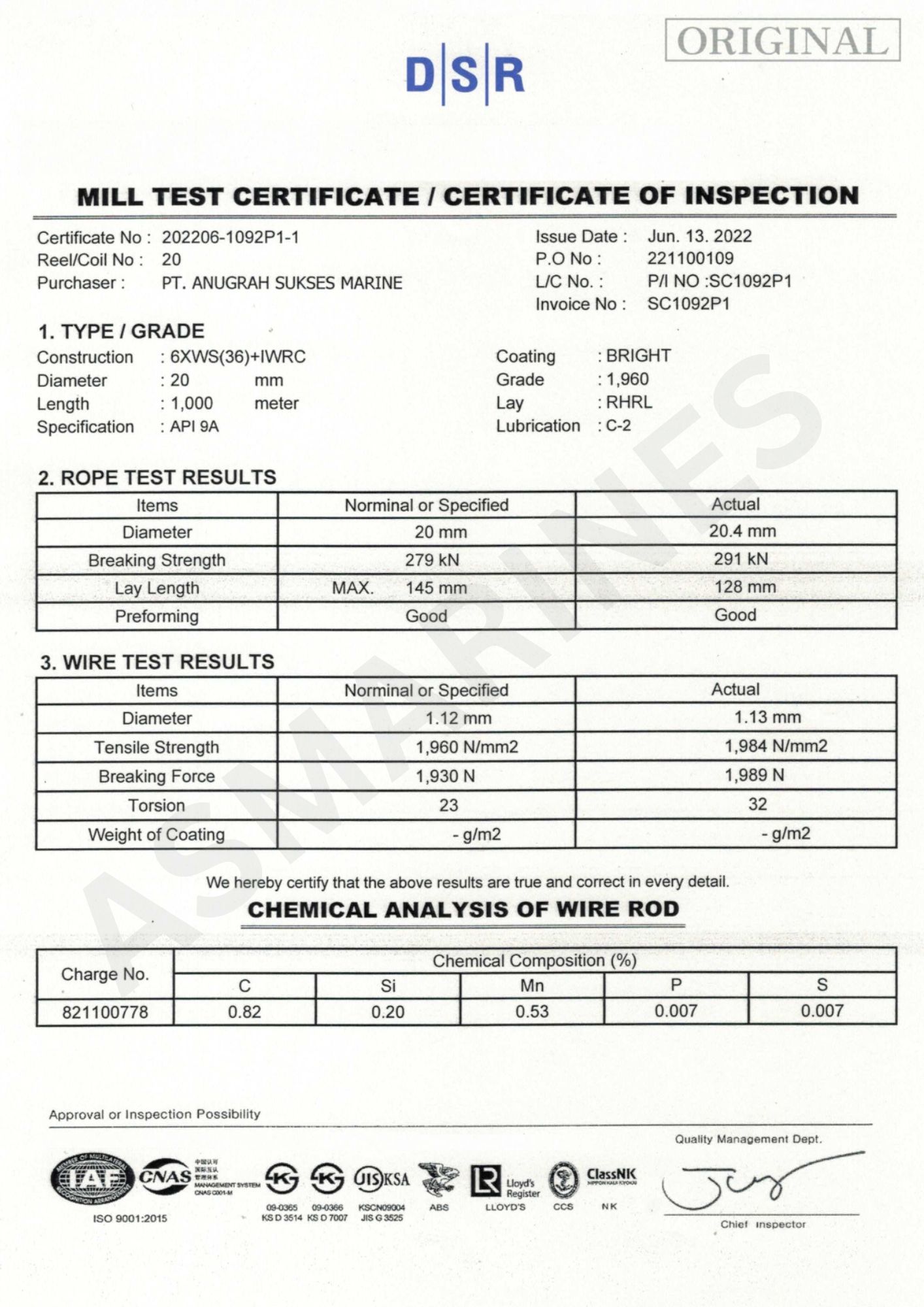 Sertifikat Wire Rope atau Kawat Baja | PT. Anugrah Sukses Marine