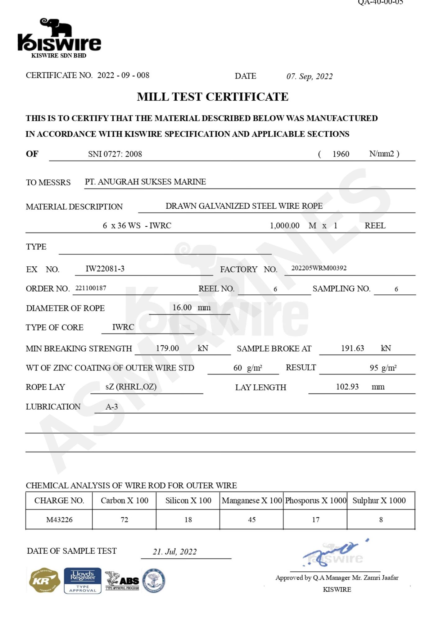 Sertifikat Wire Rope atau Kawat Baja | PT. Anugrah Sukses Marine