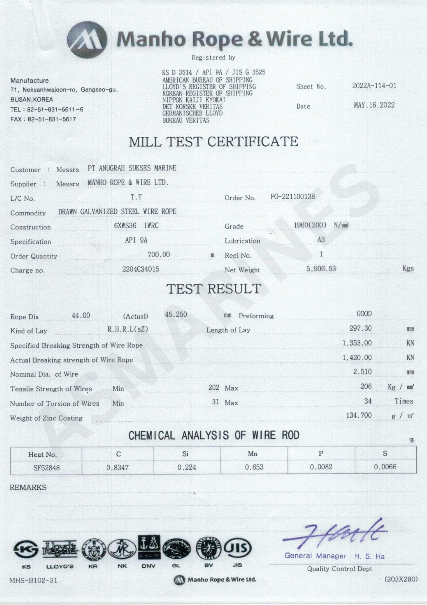 Sertifikat Wire Rope atau Kawat Baja | PT. Anugrah Sukses Marine